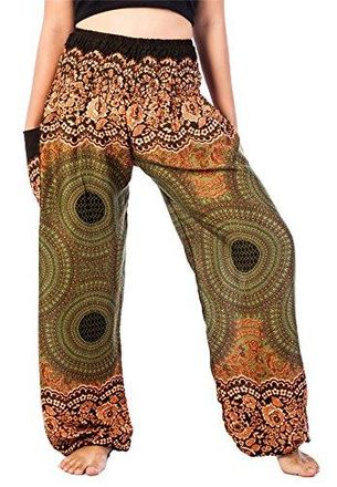 Lofbaz Boho Pantalons Femmes Taille Smockée Rose Harem Pants Vert Size 2XL