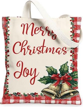 Generic Sacs fourre-tout en toile de vacances, motif cloches et houx, sacs dépicerie réutilisables, rustiques, légers et lavables avec bandoulière en toile, R