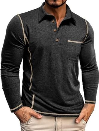 Generic Chemise basique boutonn&eacute;e pour homme, v&ecirc;tement de travail d&eacute;contract&eacute;, polo vintage, l&eacute;ger et respirant, t-shirts dext&eacute;rieur, Noir, XXL