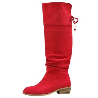 Generic Bottes hautes pour femme - Larges mollets - Couleur unie - &Eacute;l&eacute;gant talon &eacute;pais - Pliss&eacute; - D&eacute;contract&eacute; - Confortable - &Agrave; enfiler - Rouge, Rouge, 38.5 E