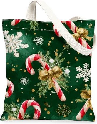 Generic Sacs fourre-tout en toile de vacances, sacs &agrave; provisions r&eacute;utilisables, motif canne &agrave; sucre dorge, sacs &agrave; provisions joyeux, l&eacute;gers, lavables, Vert, 1