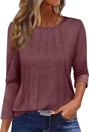 Onsoyours Shirt Damen 3/4 Arm Rundhals Mit Falten Tshirt Leichte Pullover Sommer Herbst Oberteile Casual Basic T-Shirts A Weinrot XXL
