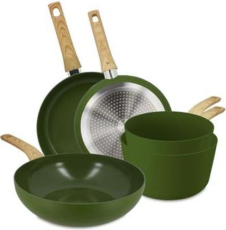 Menastyl Cuisson Set de 5 pièces Colorama olive - Poêles/Casseroles/Wok - En aluminium - Revêtement antiadhésif en céramique - Tous feux dont induction