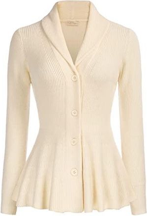 Belle Poque Cardigan à manches longues pour femme - Col à revers - Avec ourlet à volants - Manteau en tricot décontracté, Blanc ivoire., S