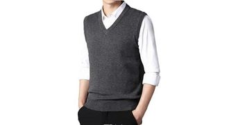 Generic Pull en tricot sans manches avec col en V et col en V pour homme, Gris fonc&eacute; 9., L