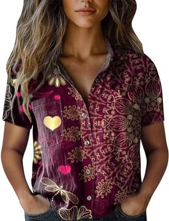 Generico Chemise femme élégante à manches courtes col rond coton et lin blouse femme élégante de couleur unie dété légère et confortable pour lété Chemisier à 