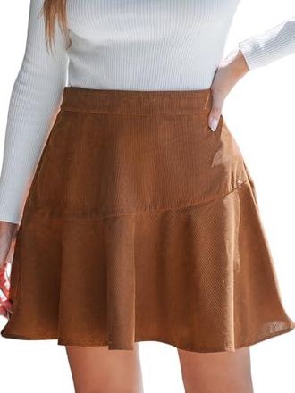 Cupshe Mini jupe &agrave; volants pour femme - Taille haute - En velours c&ocirc;tel&eacute; - Jupe courte pour lautomne - D&eacute;contract&eacute;e - Usage quotidien, Marron caramel., L