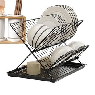 Generic &Eacute;gouttoir &agrave; vaisselle pliable en acier carbone/acier inoxydable pour comptoir de cuisine &agrave; 2 niveaux, plateau r&eacute;cup&eacute;rateur deau amovible, &eacute;gouttoir &agrave; 