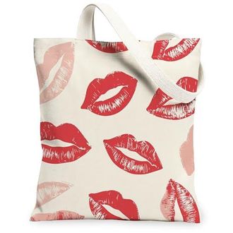 Generic Sac fourre-tout en toile avec imprim&eacute; l&egrave;vres, motif l&egrave;vres de baiser, r&eacute;utilisables, amusants, floraux, l&eacute;gers, lavables pour le shopping, les voyages