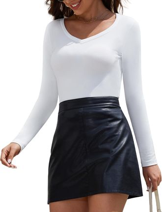 Joyshaper Damen V-Ausschnitt Langarmteeshirt Langarm Unterhemd Basic Lang&auml;rmeliges T-Shirt mit Rundhalsausschnitt f&uuml;r Dame Wei&szlig; 2XL