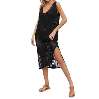 Generic Cache-maillot de bain pour femme - Robe d&eacute;bardeur de plage en crochet avec fente ajour&eacute;e - Robe sans manches pour l&eacute;t&eacute;, la plage, les vacances, les es