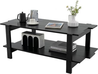 Costway Costway - Table Basse &agrave; 2 Niveaux Rectangulaire dAccent, en Bois &agrave; Lattes avec &Eacute;tag&egrave;re de Rangement, pour Salon, Charge 120kg, 115 x 59 x 46CM,Marron