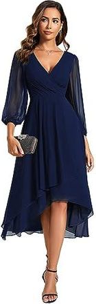 Ever-pretty Robe de Soir&eacute;e Femme A Line High Low Col V 3/4 Manches pour Mariage Chic Bleu Marine 36