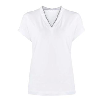 Brunello Cucinelli Femme, Tops, Blanc, Taille: 40 FR T-shirt &agrave; Col en V avec Garniture Orn&eacute;e