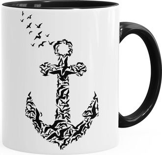 Autiga Tasse Vogel-Anker Anchor Birds Teetasse Keramiktasse mit Innenfarbe schwarz Unisize