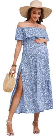 KOJOOIN Umstandskleid Damen Sommer Elegant Schwangerschaftskleid mit Schulterfreiheit R&uuml;schen Umstandsmode Midi Stillkleid Blau XXL