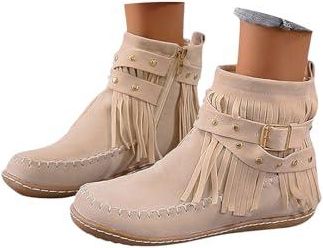 Generic Bottines occidentales à franges pour femme - Bout rond - Fermeture éclair latérale - En daim - Lacets à bout rond - Talon épais - Bottines courtes, B 