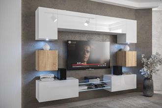 Furnitech Wohnwand Wohnzimmer - Wohnzimmer M&ouml;bel mit LED Blau - H&auml;ngend Wohnwand Modern Schrankwand mit Regale und TV Schrank (Nowara ANX1-17WS-HGM-30-1A)