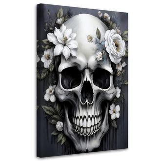 Feeby Bild auf Leinwand - Wandbilder Wohnzimmer Aesthetic - Totenkopf mit wei&szlig;en Blumen - 75x115 1tlg - Schlafzimmer Wandekoration - Bilder Zimmer - Living 