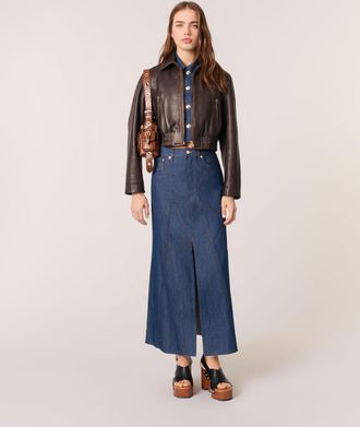 Maje Jupe Longue En Denim - Bleu Marine - Taille 42 - Maje
