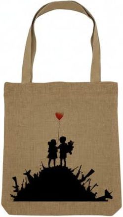 Fabulous Sac Shopping Tote Bag Aspect Lin - Banksy Guerre Enfants Ballon Rouge Arme Street Art - Sac de Courses Toile Epaisse 360g Beige Naturel Cabas Port&eacute; Ep
