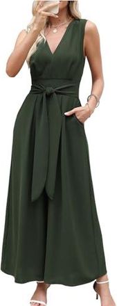 Cupshe Combinaison longue dété élégante pour femme avec col en V profond sans manches et ceinture smockée et jambes larges, vert foncé, XL