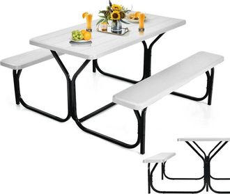 Costway Bierzeltgarnitur, Picknicktisch & 2 Sitzbänke, 137x150x72cm, Metallrahmen, Festzeltgarnitur Weiß - Costway