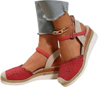 Generic Sandales compens&eacute;es &agrave; bout ferm&eacute; pour femme, espadrilles &agrave; talons bas, semelle compens&eacute;e &agrave; bout ferm&eacute;, &eacute;lastique, coupe large, sangle de cheville r&eacute;gl