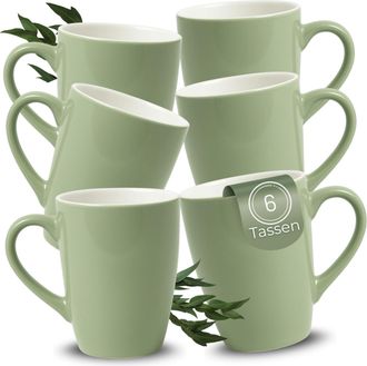 Matches 21 Kaffeetassen 6er Set aus Keramik 340ml - Teetassen für 6 Personen in Salbei, Kaffeebecher Spülmaschinenfest