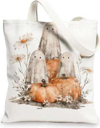 Generic Sacs fourre-tout en toile avec imprimé fantômes, mignons sacs de courses réutilisables, légers et lavables à motif floral fantaisie, sacs en toile pou