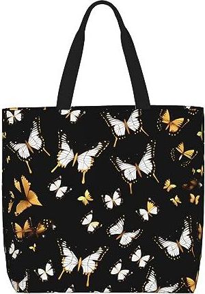 Generic Papillons Blancs Dor&eacute;s Noirs Sac Courses Grand Sacs D&eacute;contract&eacute; Sac A Main Femme Pour Travail Shopping Voyage