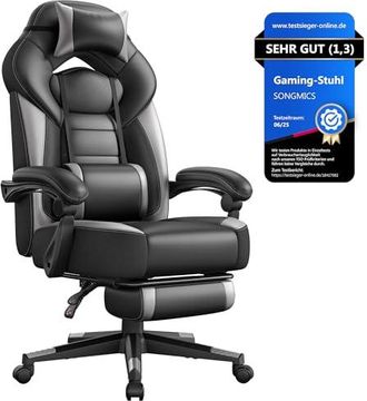 Songmics Gaming Stuhl, B&uuml;rostuhl mit Fu&szlig;st&uuml;tze, Schreibtischstuhl, ergonomisches Design, verstellbare Kopfst&uuml;tze, Lendenst&uuml;tze, bis zu 150 kg belastbar, schwar