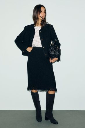 Gerard Darel Jupe droite en tweed &agrave; franges - TESS - Noir