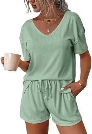 Ekouaer Pajamas Femme Été Tricot côtelé Lounge Set 2 Pièces Courtes Manche Vetement de Nuit Vert Clair L