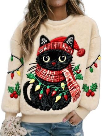 Generic Sweat-Shirt de No&euml;l en Flanelle avec imprim&eacute; Chat pour Femme, Style d&eacute;contract&eacute;, &eacute;l&eacute;gant, Doux et Chaud, Pull de No&euml;l Fantaisie &agrave; col Rond, Haut de Va