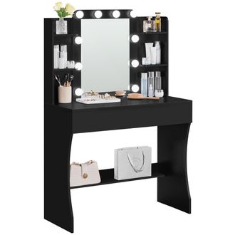 Yaheetech Schminktisch mit Beleuchtung und Spiegel, 10 LED-Lichtkugeln, 3 Einstellbaren Farben und 9 Lichtmodi, Frisiertisch mit 1 Schublade, 4 Oberen Ablagen, 