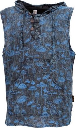 Guru Shop Débardeur à capuche pour homme - Sweat à capuche sans manches - Imprimé champignon - Coton, bleu, L