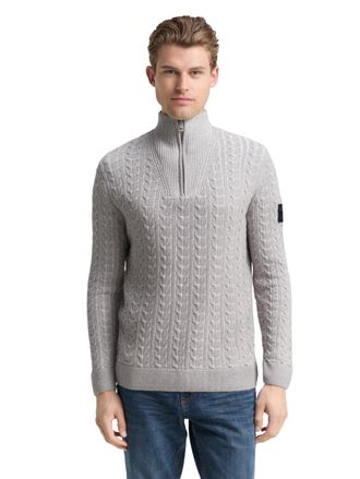 Tom Tailor Herren 1049370 Troyer Strickpullover mit Zopfmuster, 39407-Grey Offwhite Plated, L