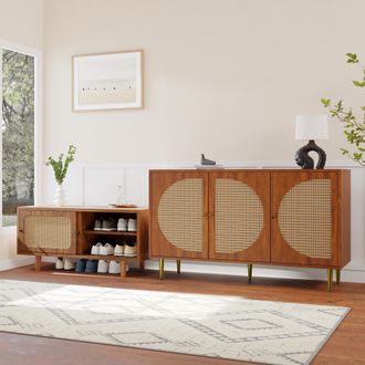 Generic Rattan Sideboard Set mit Schuhschrank 3 T&uuml;ren Schiebet&uuml;ren Walnuss Optik Wohnzimmerschrank Flurm&ouml;bel Garderobenschrank Boho modern