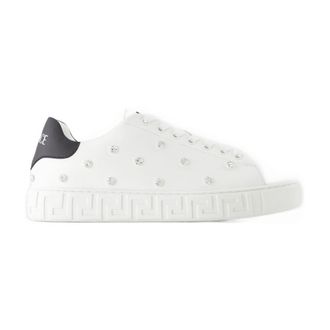 Versace Womens Logo-Embellished Calfskin Sneaker White