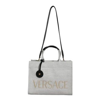 Versace Femme, Sacs, Blanc, Taille: ONE Size Sac fourre-tout en toile et cuir avec poign&eacute;e sup&eacute;rieure