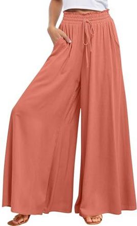 Feoya Pantalon ample pour femme - Taille haute - Pantalon Palazzo avec poches - Style décontracté - Été élégant - Pantalon de détente, Styleb Orange, L