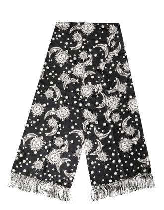 Dolce & Gabbana Mens Black Silk Sun Moon Star Fringe Foulard 178cm X 33cm Scarf And White