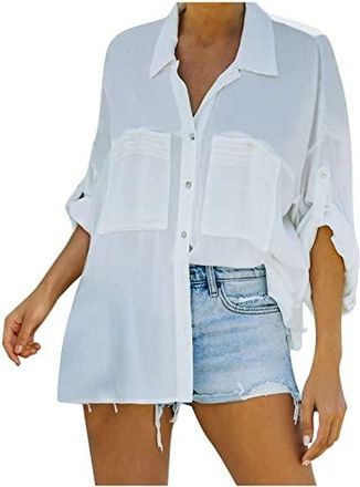 Generic Vestes pour femmes 2026 chemises &agrave; poches boutonn&eacute;es &agrave; manches longues surdimensionn&eacute;es pour lautomne et lext&eacute;rieur, blanc, M