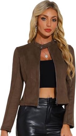 Allegra K Veste en faux suède pour femme, col montant, zippé, à manches longues, manteau de motard pour moto Marron Foncé XL