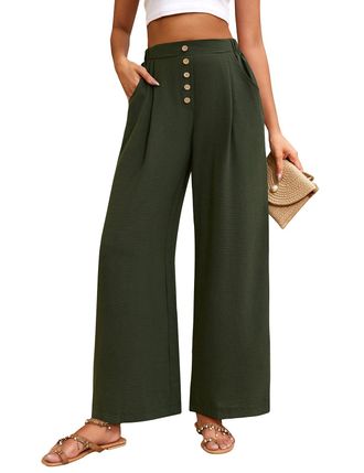 Heekpek Hosen Damen Sommer Locker Sommerhose Damen Leicht Elegant Stoffhose Bequeme High Waist Hose Weites Bein Damen Luftig Eisseide Strandhose, Armeegr&uuml;n, X