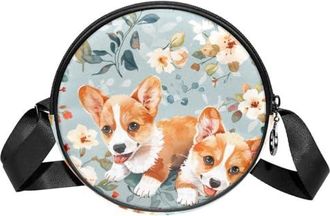 Generic Sac &agrave; bandouli&egrave;re rond pour femme, petit sac &agrave; bandouli&egrave;re Corgi floral avec fermeture &eacute;clair, bretelles r&eacute;glables, sac &agrave; main rond d&eacute;contract&eacute; pour f