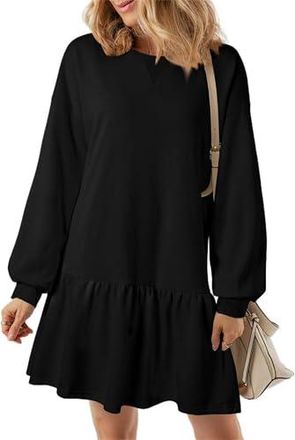 Generic Robe dautomne décontractée en patchwork à col rond pour femme, en tricot côtelé, à volants, mini pull plissé à manches longues, Noir, XL
