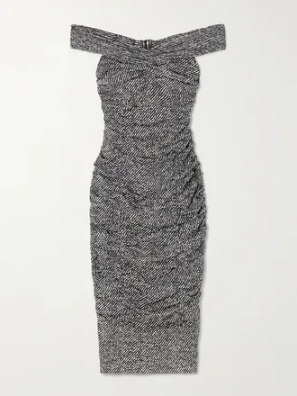 Dolce & Gabbana Robe Midi Épaules Nues En Soie Mélangée Imprimée À Fronces - Gris