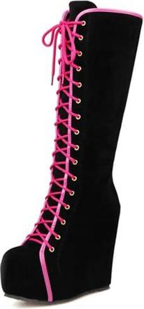 Generic JJDFW Bottes montantes &agrave; la mode pour femmes plateforme sexy talons compens&eacute;s lacets femmes bout rond chaussures de danse noires pour filles, rose, 39